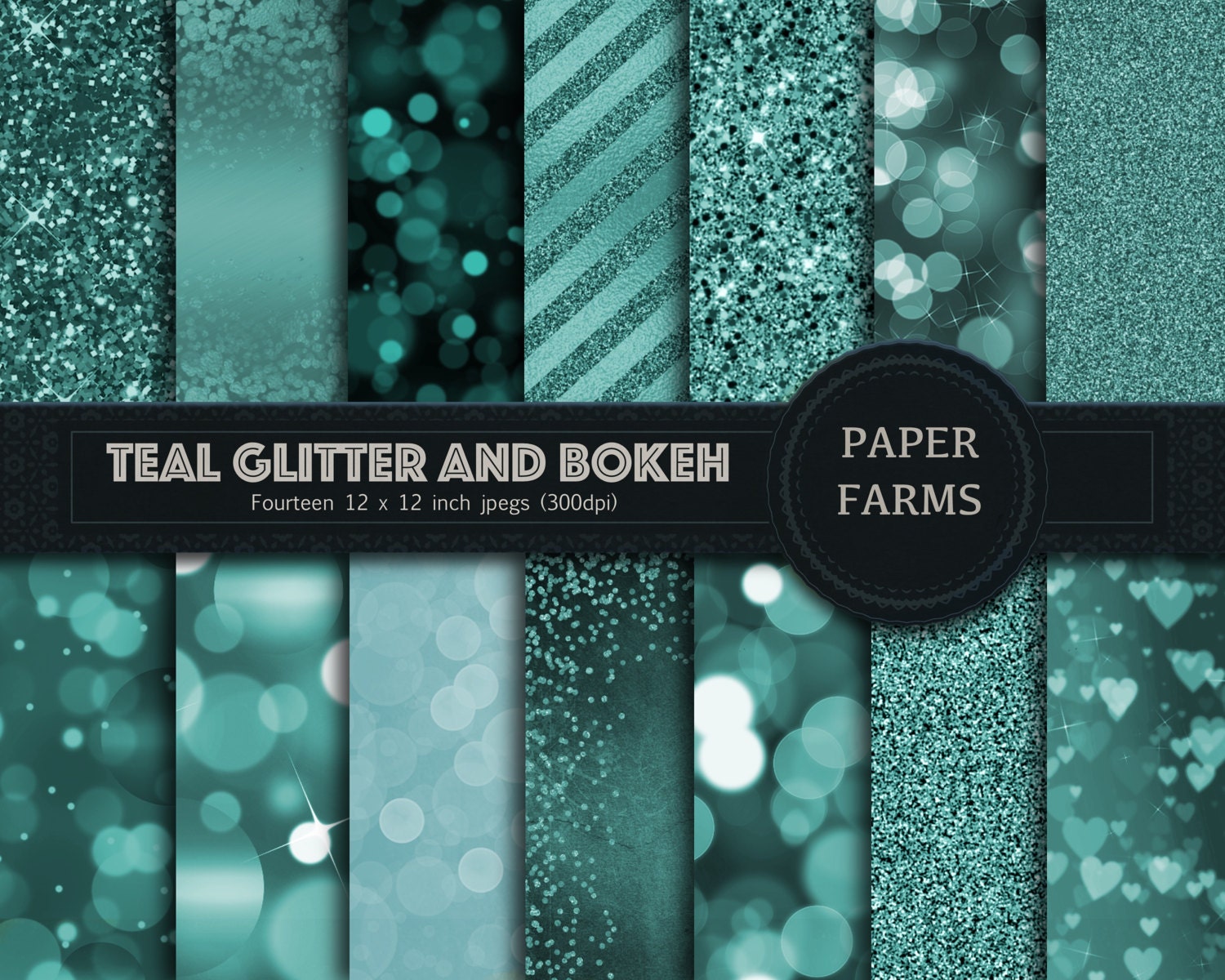Teal bokeh digital paper teal glitter digital paper glitter