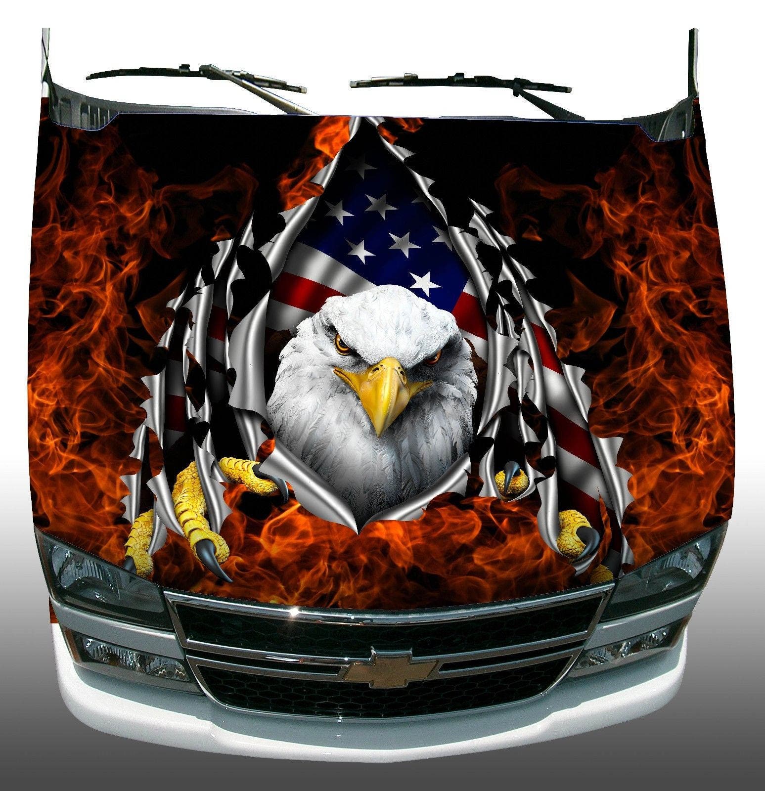 American flag eagle rip fire flame Hood Wrap Wraps Sticker