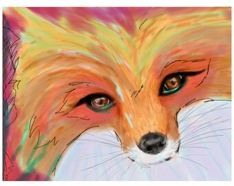 Colorful Fox Animal Art PRINT from Painting Primary Colors Red