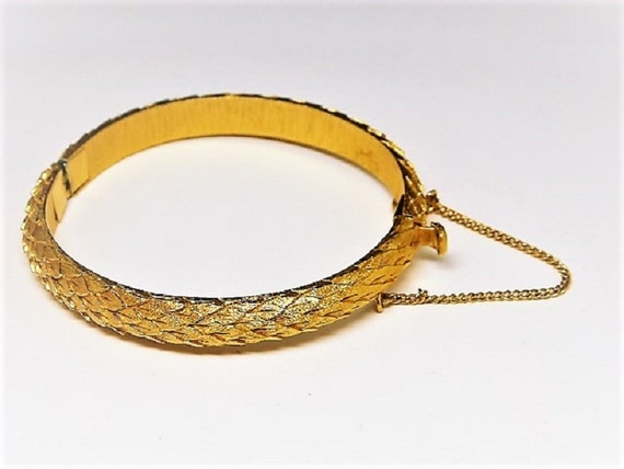 Trifari Hinged Bangle Bracelet Gold Tone Feather Textured
