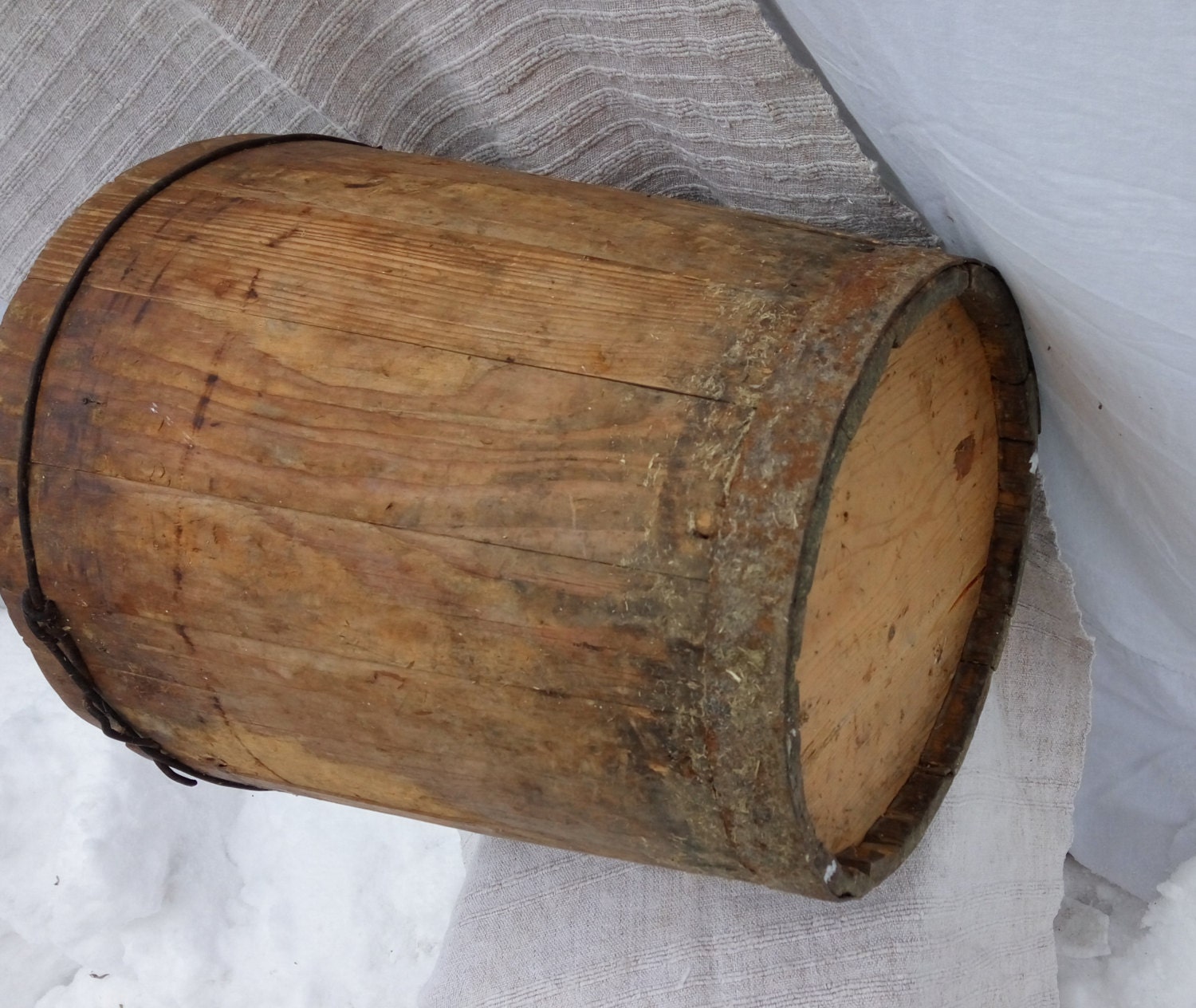 Primitive antique rustic home decor Large wooden bucket