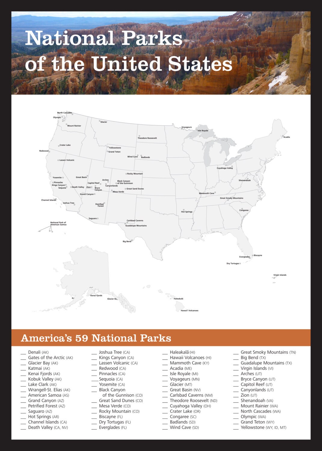 National Parks Checklist Poster 20x28 Suitable For Framing national-parks-checklist-poster-20x28-suitable-for-framing