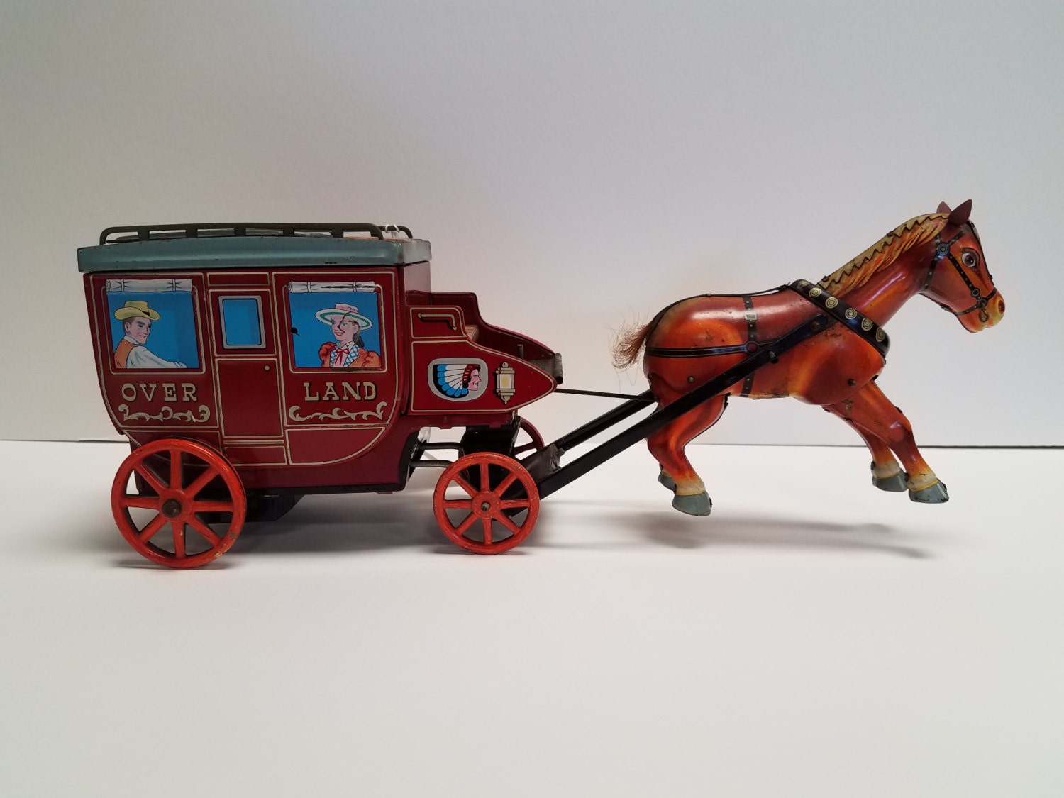 RARE Vintage OverLand Stage Coach battery operated Tin toy