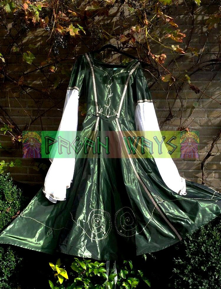 Pagan fantasy dress hand embroidered green taffeta taffety
