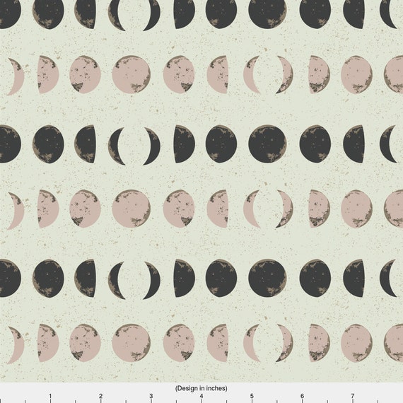 Moon Phases Fabric Moon Phase Stripes In Black on Tan By