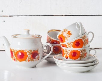 Orange tea cup set | Etsy