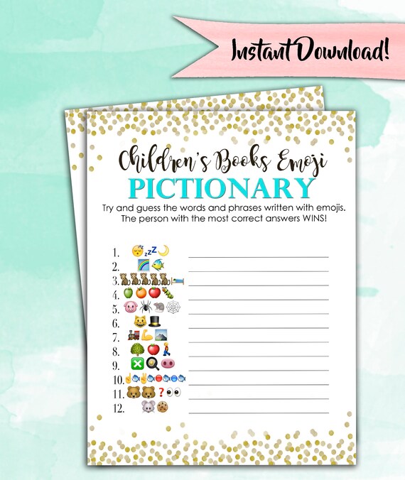 Baby Shower Game Pictionary Teal Blue EMOJI Pictionary