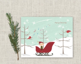 Watercolor Christmas Card Santa's Elves & Snowman