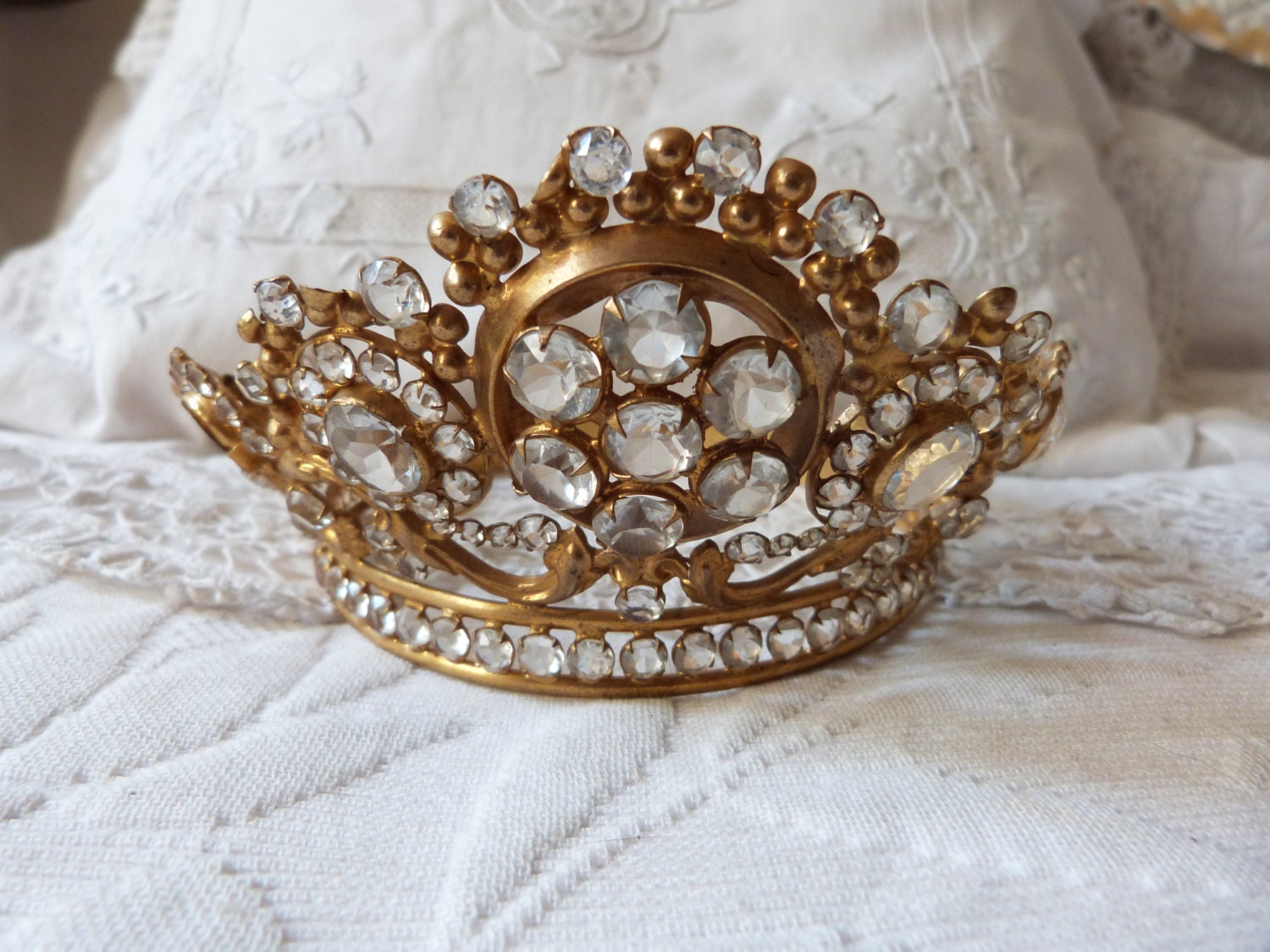 LARGE Antique French jeweled crown rhinestone tiara religious