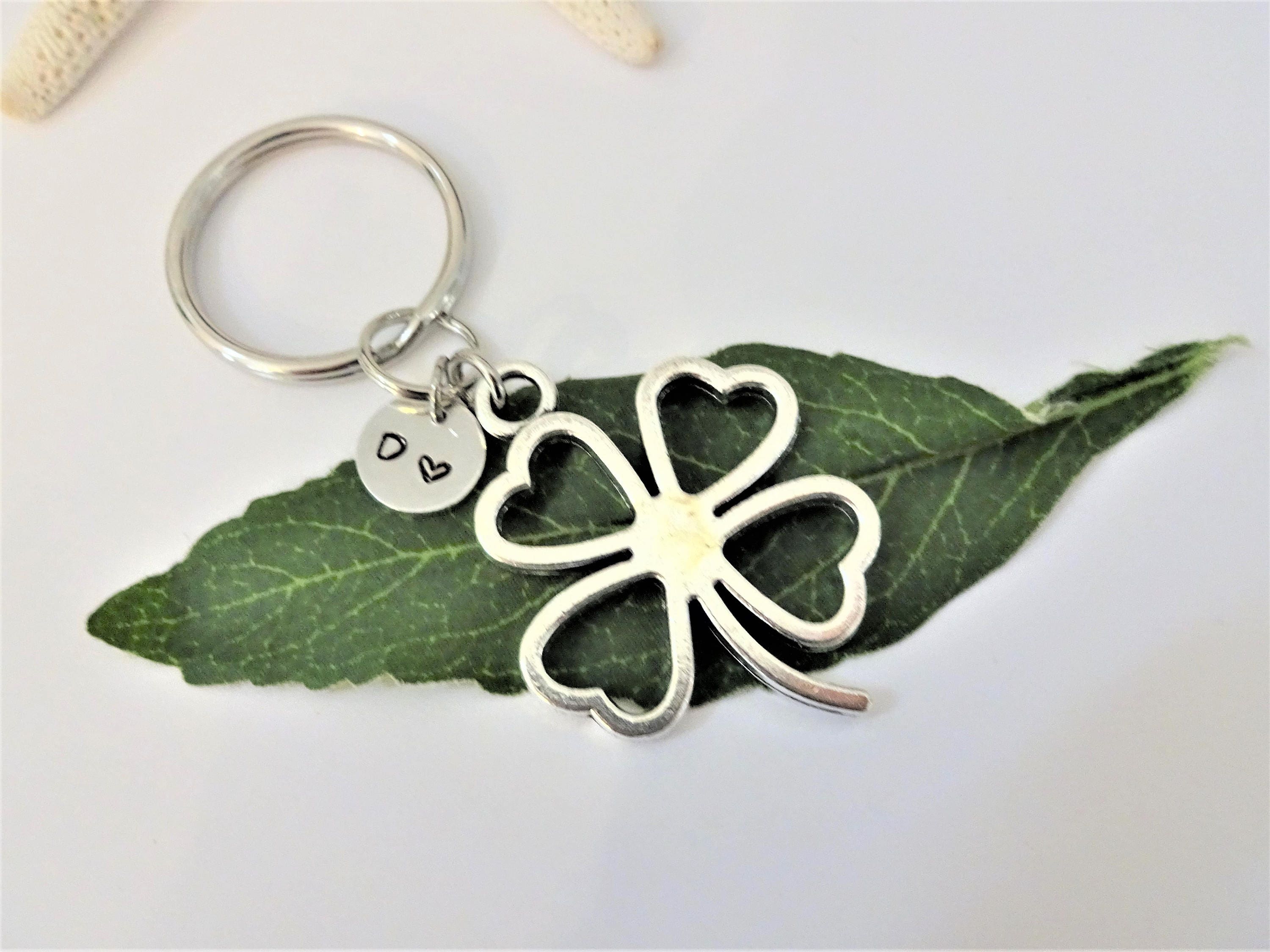 LARGE 4 LEAF CLOVER keychain w initial charm almost 2 inches