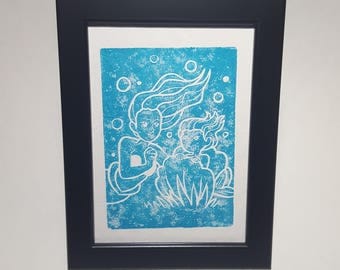 Mermaid linocut | Etsy