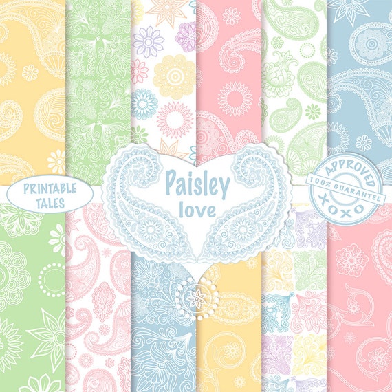 Paisley digital papers Scrapbook Pages Baby Pink Yellow Blue
