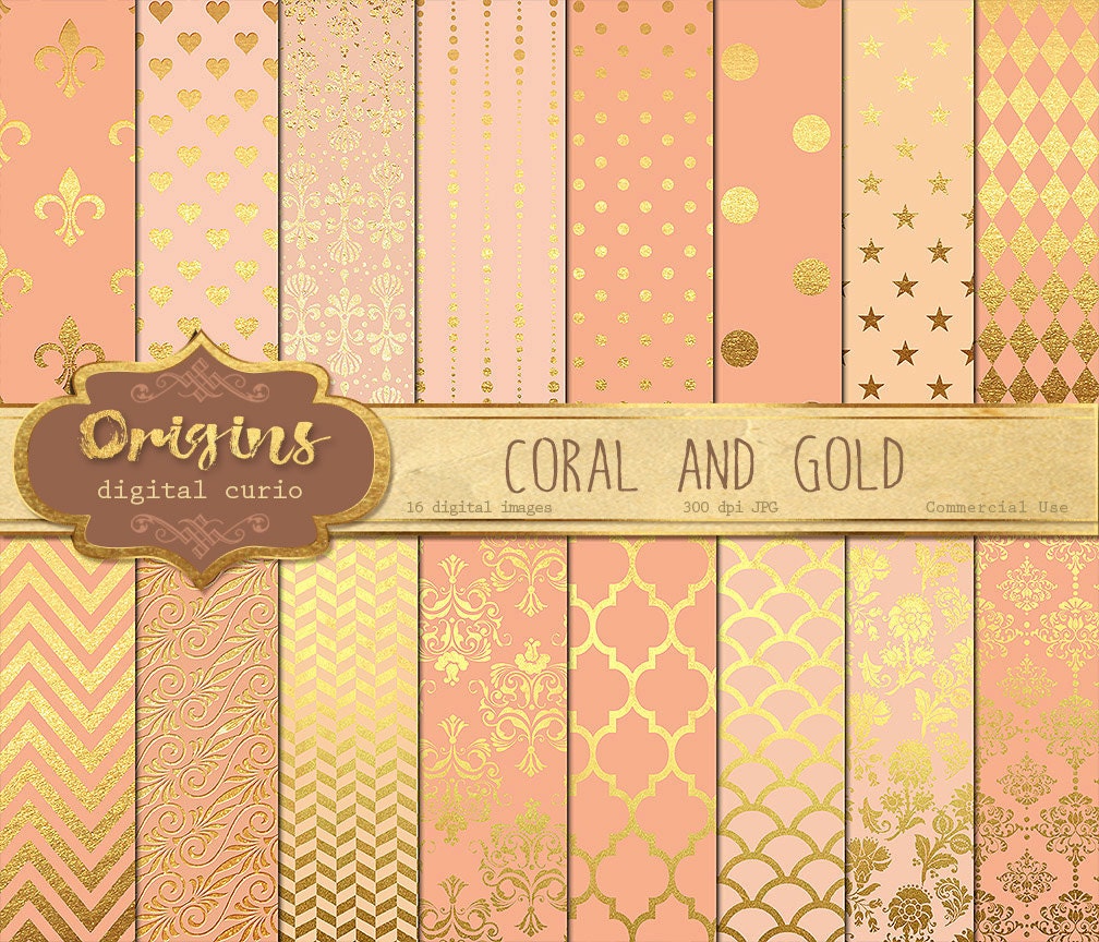 Coral and Gold Digital Paper Pink and Gold Peach Digital