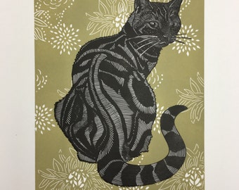 Cat linocut print | Etsy