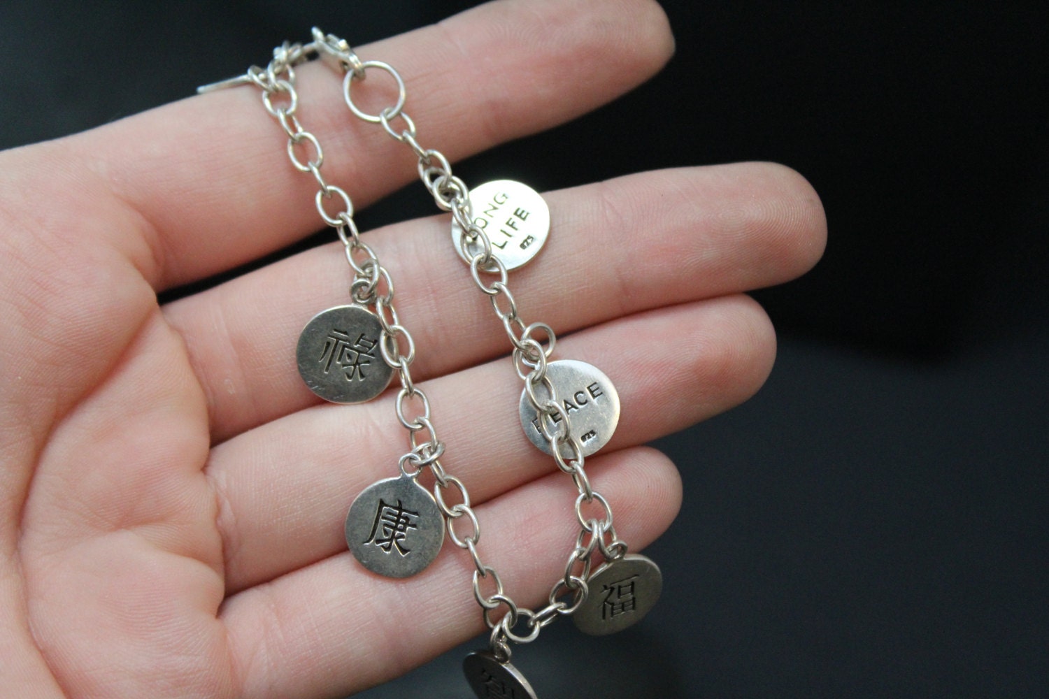 Sterling Silver Chinese Character 8 Charm Bracelet with Love, Wealth ...