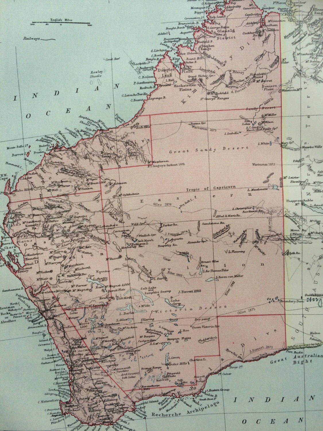 1875 Western Australia original antique map, cartography, geography ...