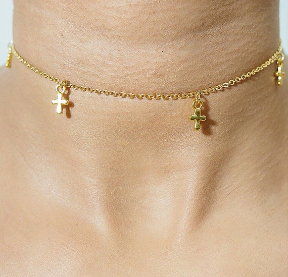 Mini Cross Choker Necklace Gold Choker Cross Choker by Naisbyng