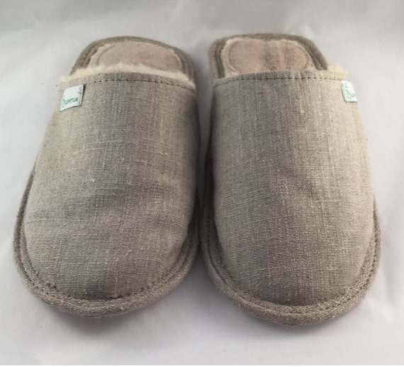 Linen slippers men slippers gray slippers merino wool