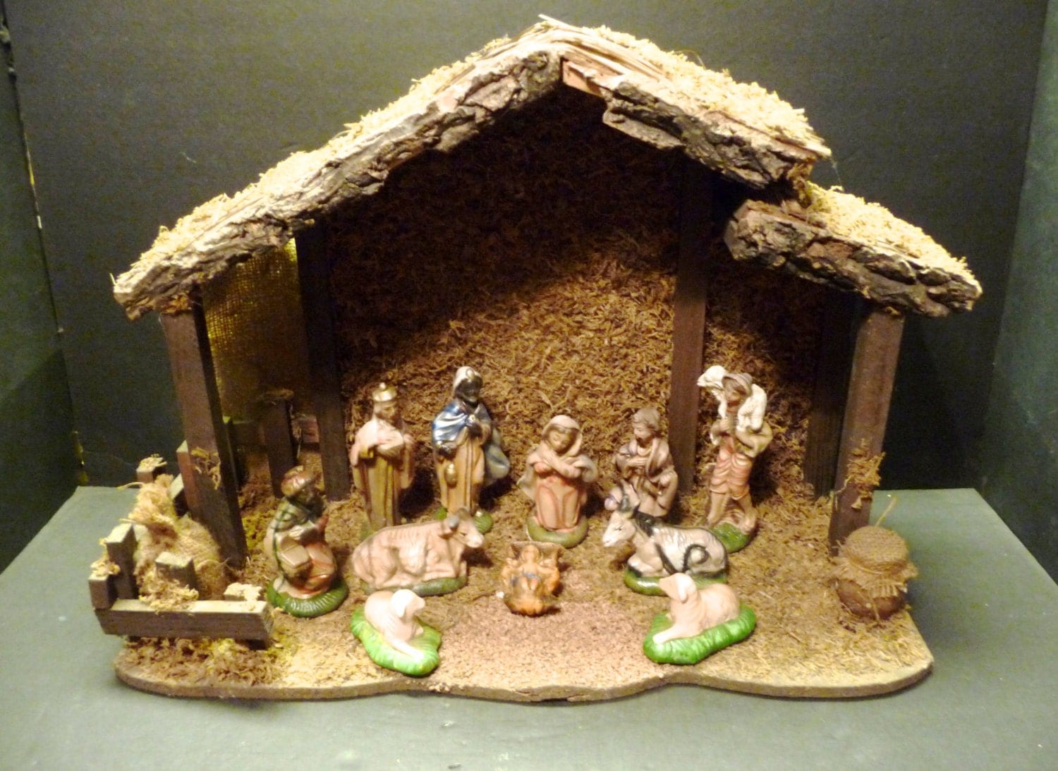 Large Rustic Nativity Scene with Holy Family etc. made in