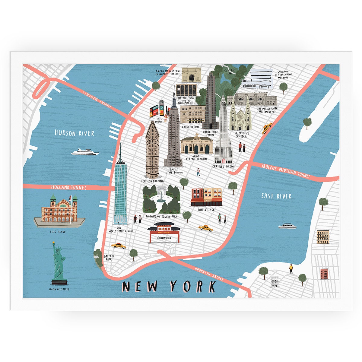 New York map illustrated art print map illustration city new