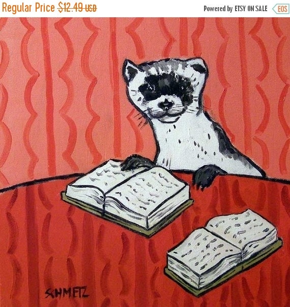 On Sale Ferret Reading Animal Art TILE Coaster gift by SCHMETZPETZ