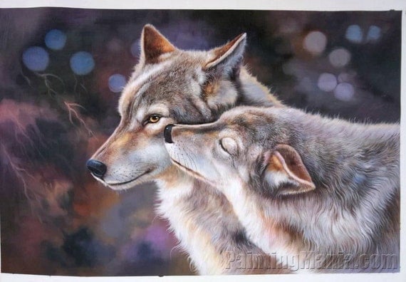 Wolf Couple in Love Portrait high quality 100% hand-painted