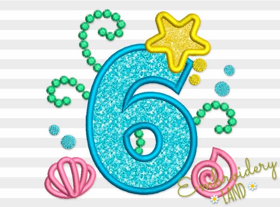 Cute Mermaid Sea Number 6 Applique Embroidery Design for Baby