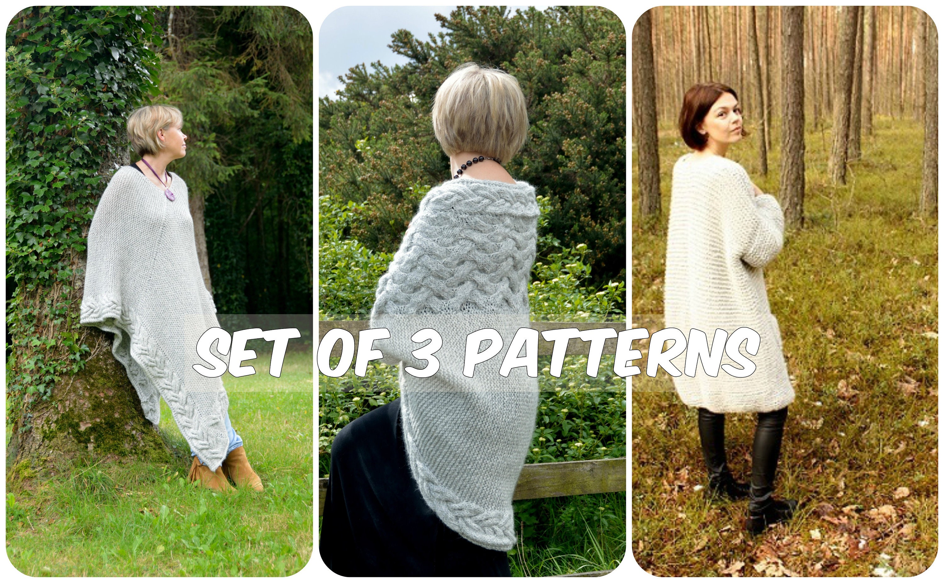 Set of 3 Knitting Patterns Cardigan Plus Size Over Size