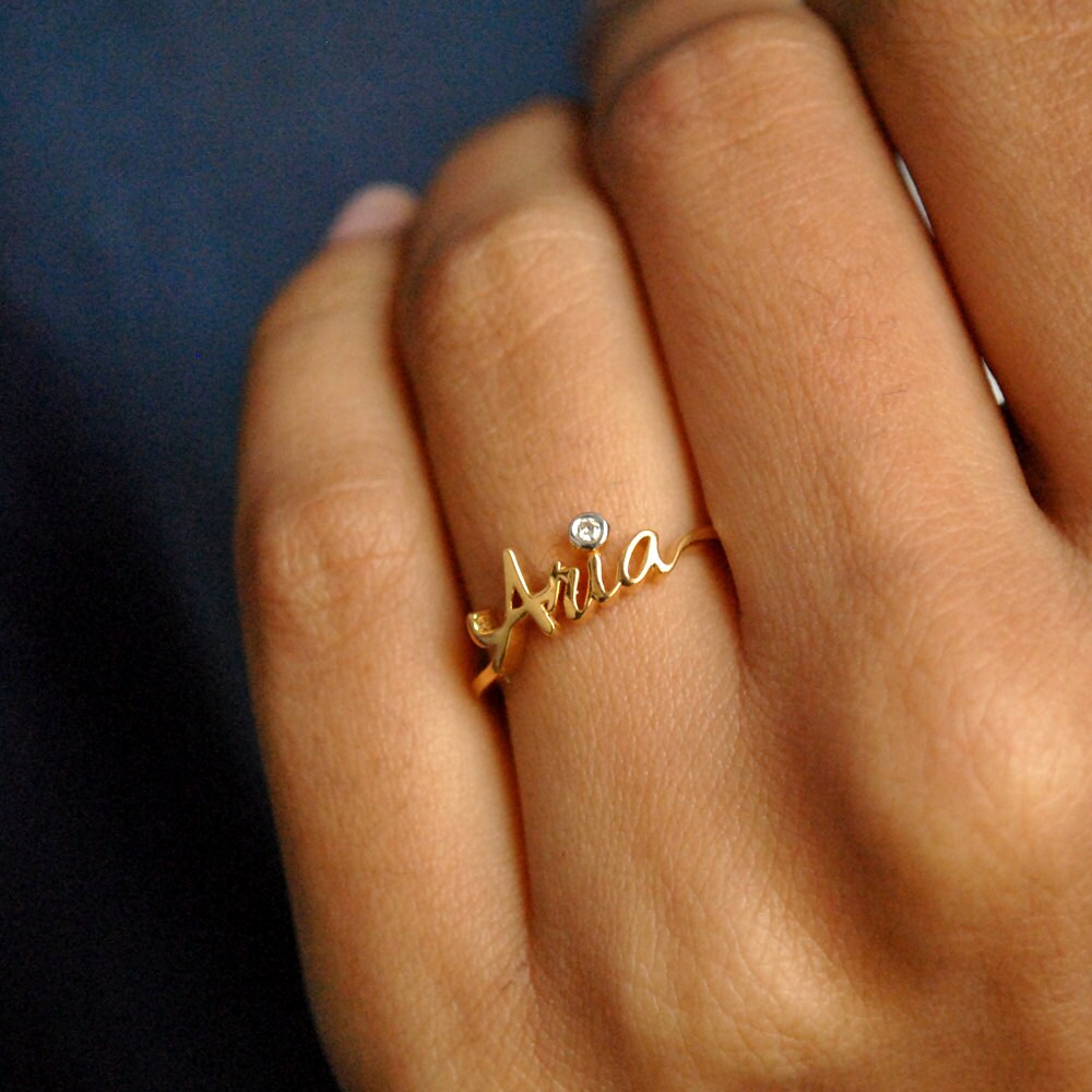 Custom Name 14K Yellow Gold Engagement Ring Gold Diamond