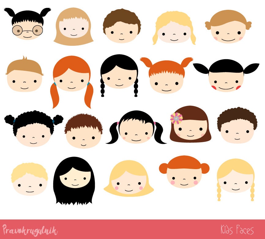 Cute kid faces clipart set Children clipart head Kawaii boy