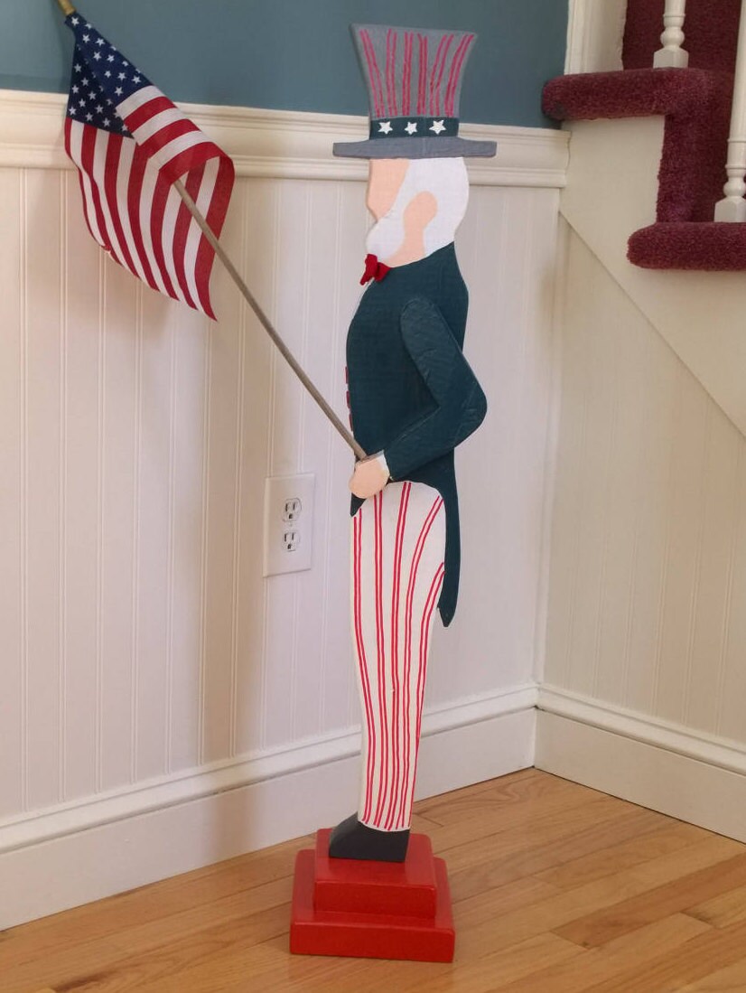 Uncle Sam Flag waving 3 foot tall wooden statue yard porch