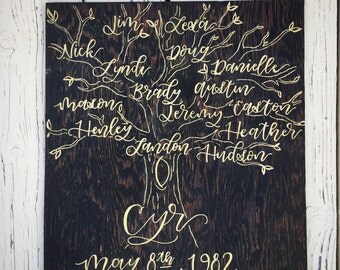 Items similar to Custom Family tree wood burning with chalkboard leaves ...