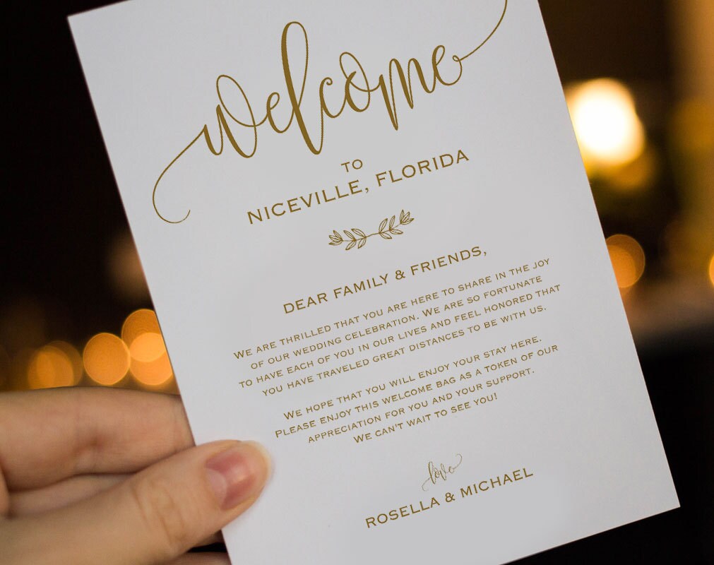 Gold Wedding Welcome Bag Note Welcome Bag Letter Wedding