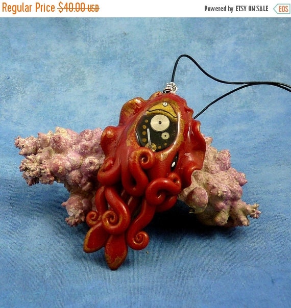 Gilded Steampunk Cuttlefish Necklace Handmade Polymer by Noadi
