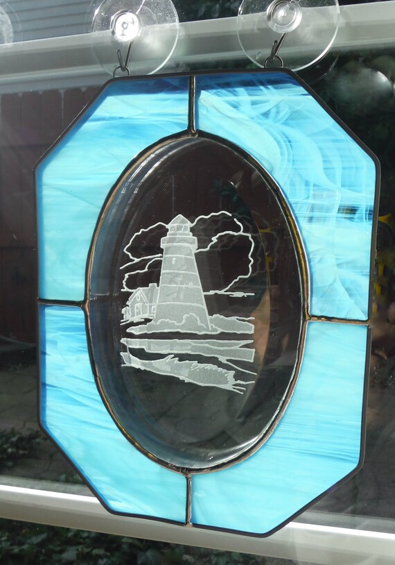 Lighthouse Etched Bevel in Stained Glass Panel