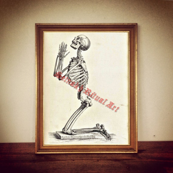 Praying skeleton occult print skull poster victorian