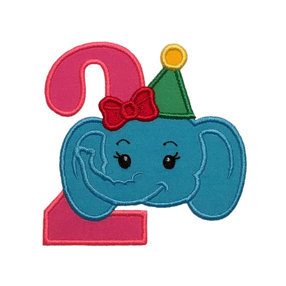 Cute Birthday Baby Elephant Number 2 Embroidery Applique
