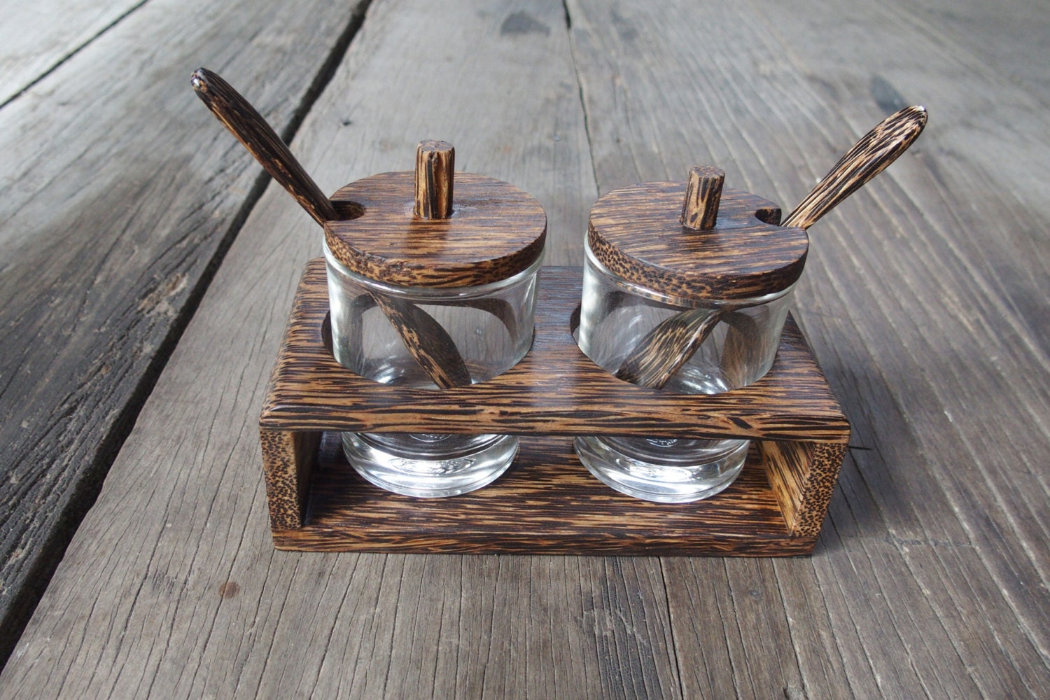 PALM Wood Condiment Caddy 2 Compartment Holder Serving Set
