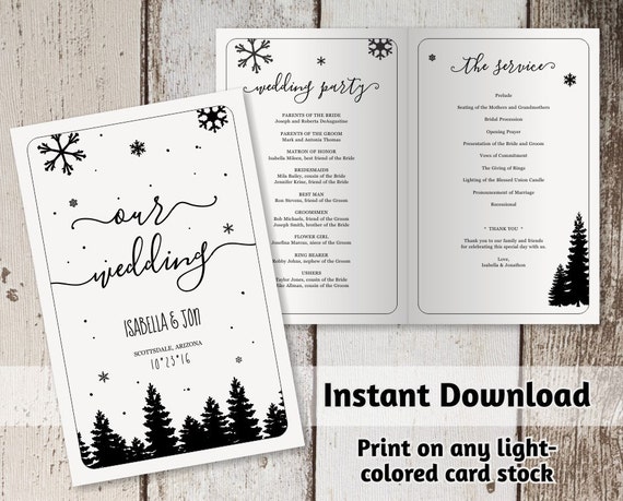 Printable Winter Wedding Program Template Rustic Snow & Pine