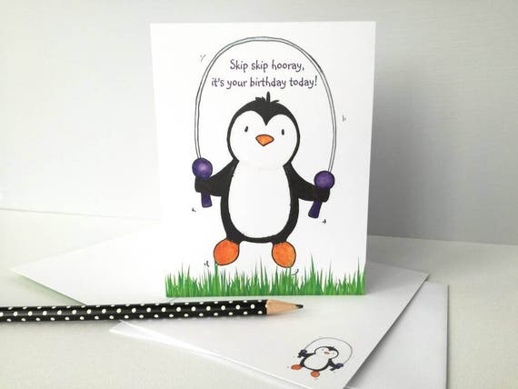 Skipping penguin birthday card skip skip hooray it's