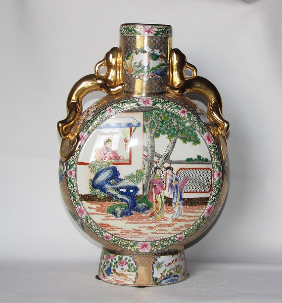 Chinese Moon Flask Vase Famille Porcelain Dragon Handles