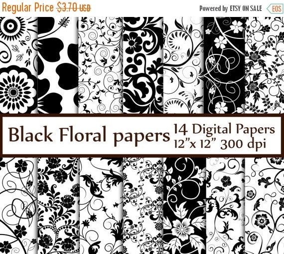 SALE50% Black Floral Digital Paper: FLORAL PAPERS by ChiliPapers