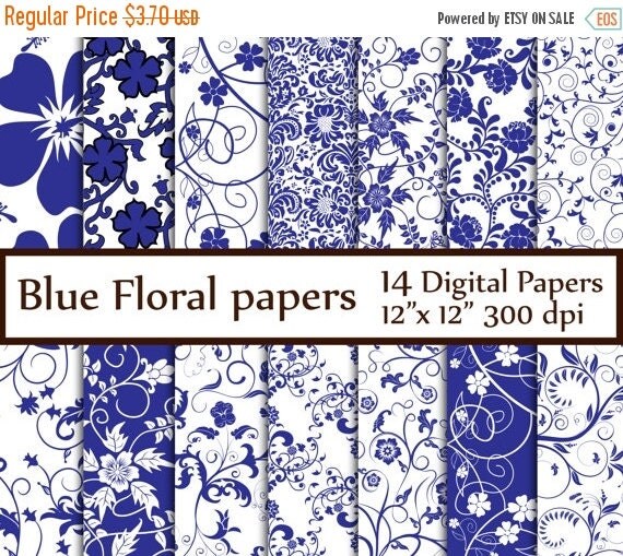 40%OFF Blue Floral digital paper: FLORAL PAPERS by ChiliPapers