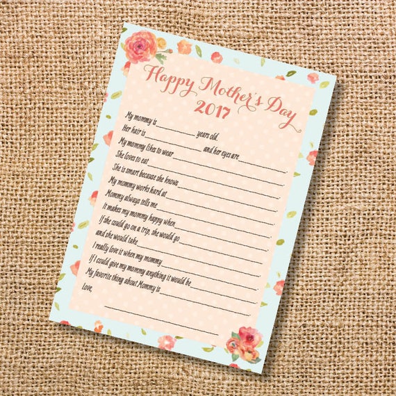 Items similar to Mother's Day Printable Fill in the Blank Mad Libs Kids ...