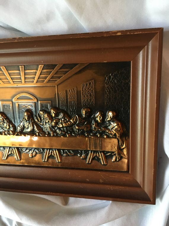 Vintage Last Supper Copper Metal Artwork Picture Framed