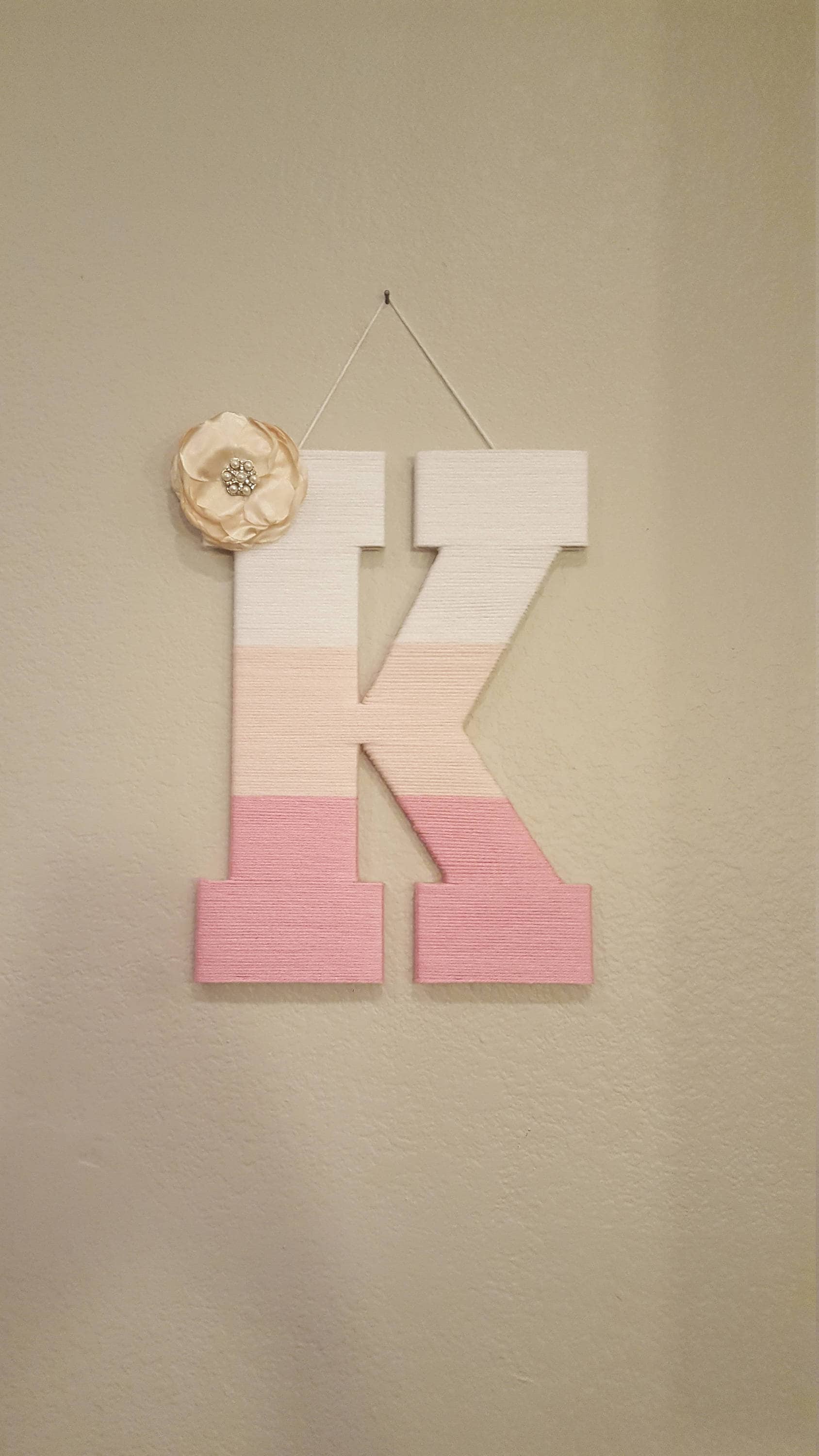 Nursery Letter K Pink Ombre Yarn Letter Gold Bow Kids Room