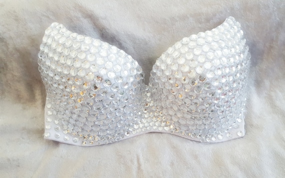 Fully hand jeweled WHITE Bra front and back