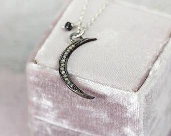 Diamond and white gold crescent moon necklace with diamond