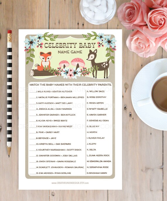 Items similar to Celebrity Baby Name Game - Baby Shower Game - Woodland ...