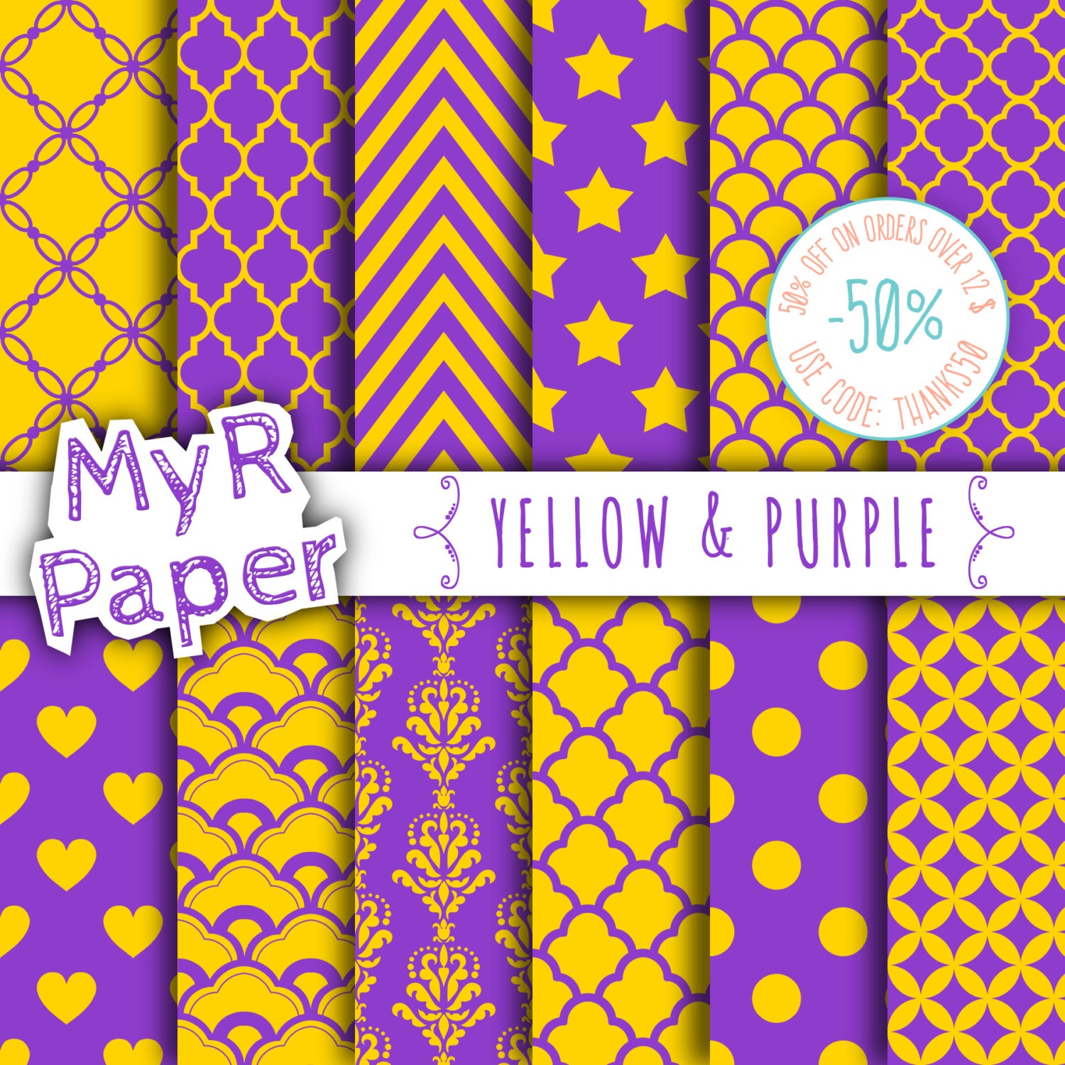 Digital Paper: Yellow & Purple Patterns Pack and